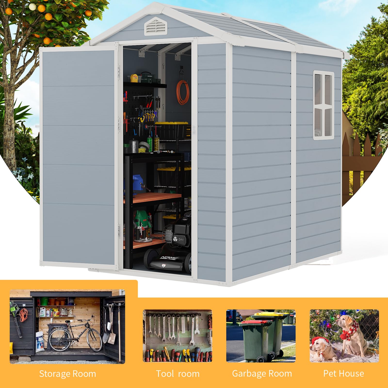 Jolydale 6’x4’ Outdoor Storage Resin Shed, Resin Utility Tool Shed Storage House with Lockable Door, for Backyard, Patio, Garden Bikes and Pool Accessories, Grey