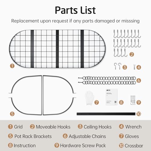 KES 48 Inch Large Hanging Pot Rack, Heavy Duty Oval Pot and Pan Hanging Rack Ceiling Mount, Pot Pan Hangers for Kitchen with 20 Hooks, Matte Black, (For 16" and 24" Stud Mount), KUR225S122-BK