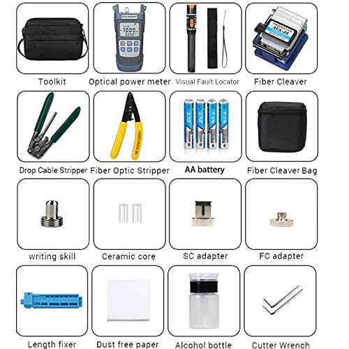 GOODOO FTTH Fiber Optic Cable Cold Connect Tools Kit Bag Visual Fault Locator Fiber Cleaver SC FC Connector Optical Power Meter Finder Cable Tester Stripper Tool Dust Free Paper Assembly Termination
