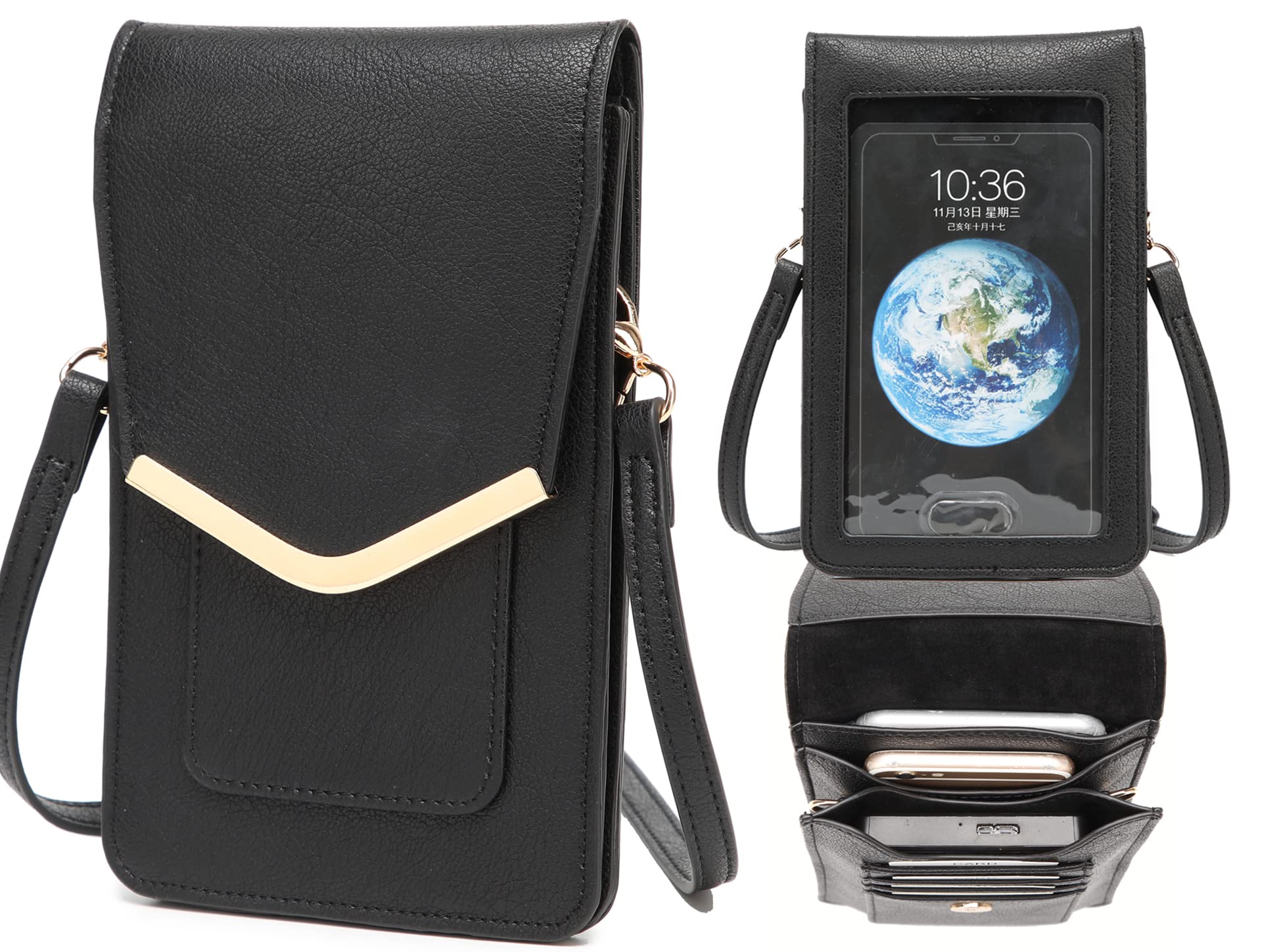 Trendy Phone Case Wallet Crossbody Purse Card Slots Holder Detachable Strap Shoulder Bag (Black-LM6302AB)