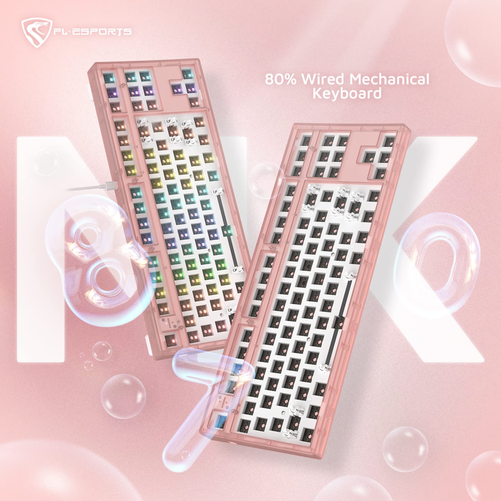 FL ESPORTS MK870 CMMK 87 Keys RGB Modular Mechanical Keyboard, 80% TKL Wired Gaming Keyboard DIY Kit w/Hot-Swap Switch Sockets (5-pin) & Customizable Software Supported (Barebones, Frosted Black)