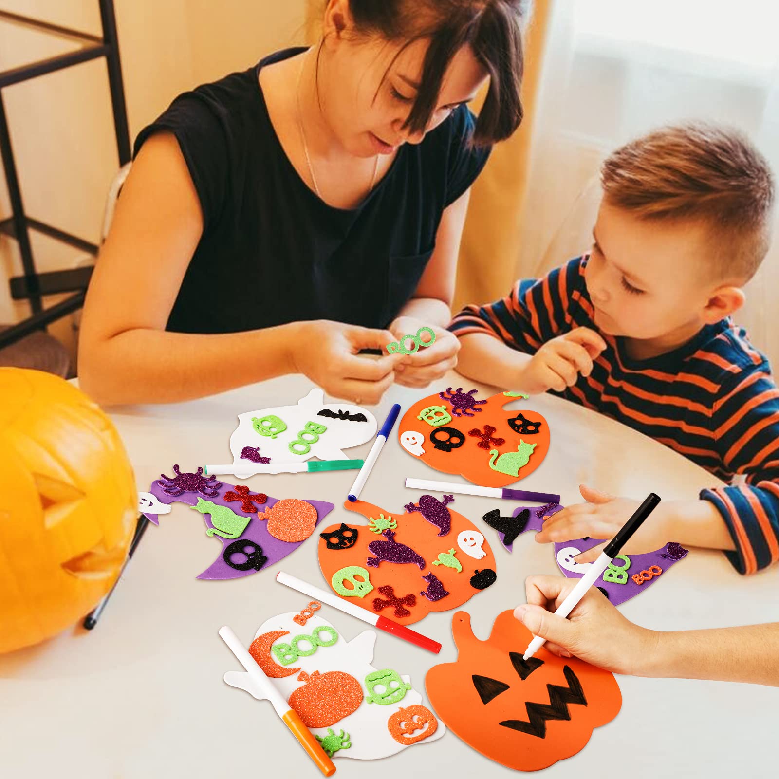 Max Fun 302PCS Halloween Crafts for Kids Foam Pumpkins Stickers Bulk, Ghost Witch Hat Halloween Decorations for Kids Party Favors Supplies Halloween Activities