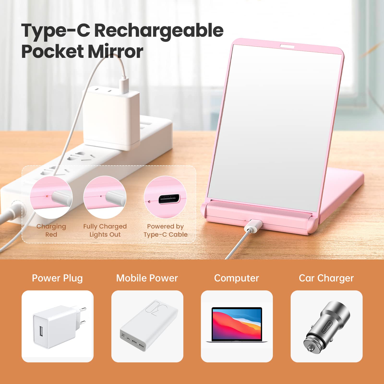 Gospire Standing LED Travel Makeup Mirror with Lights and Magnification 1X/3X, Rechargeable Compact Mirror with Adjustable Brightness, Foldable Small Vanity Mirror Handheld for Purses – Pink