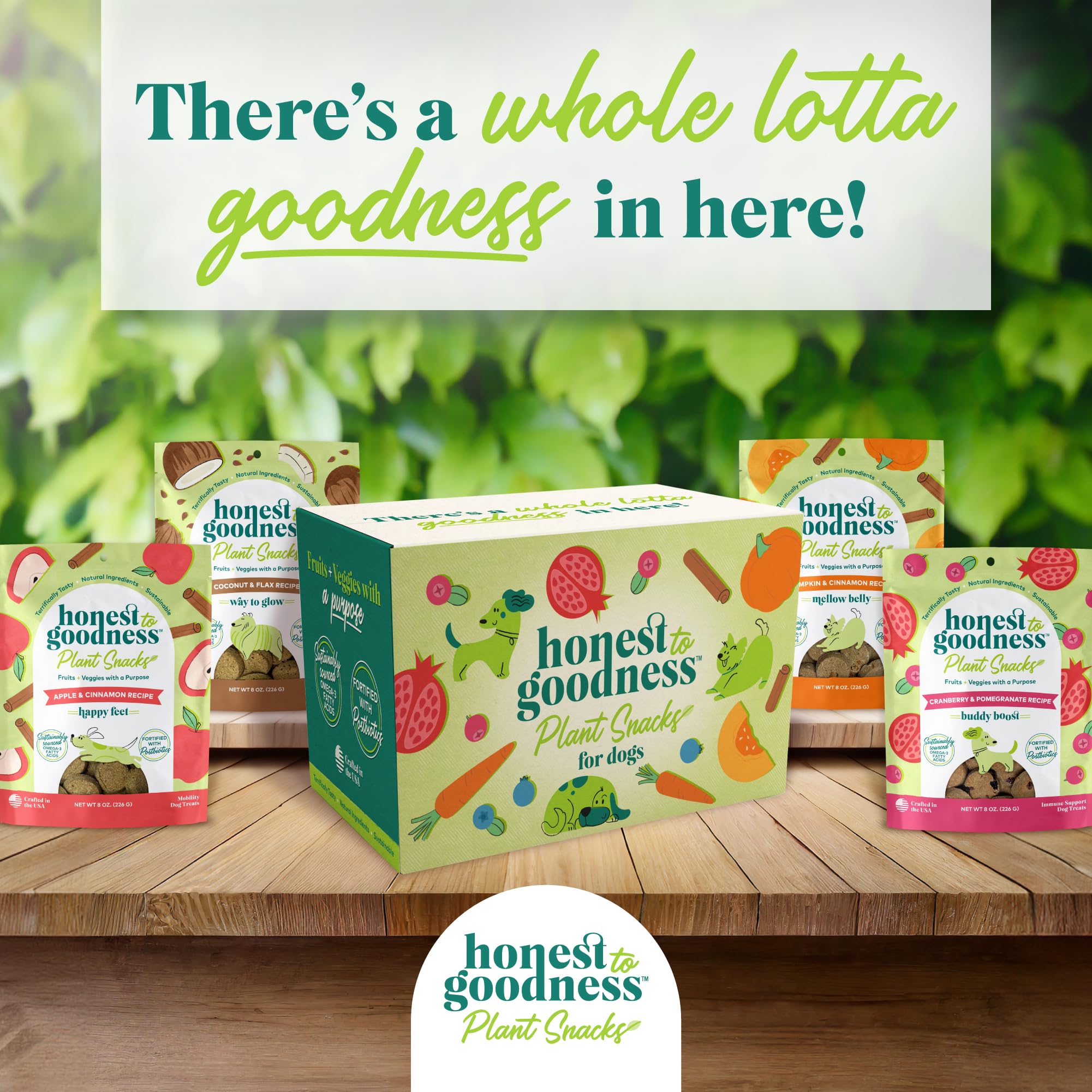 Honest to Goodness Plant Snacks Dog Treats, Enriched with Omega 3s & Postbiotics, 8oz Variety Pack, 4 Bags