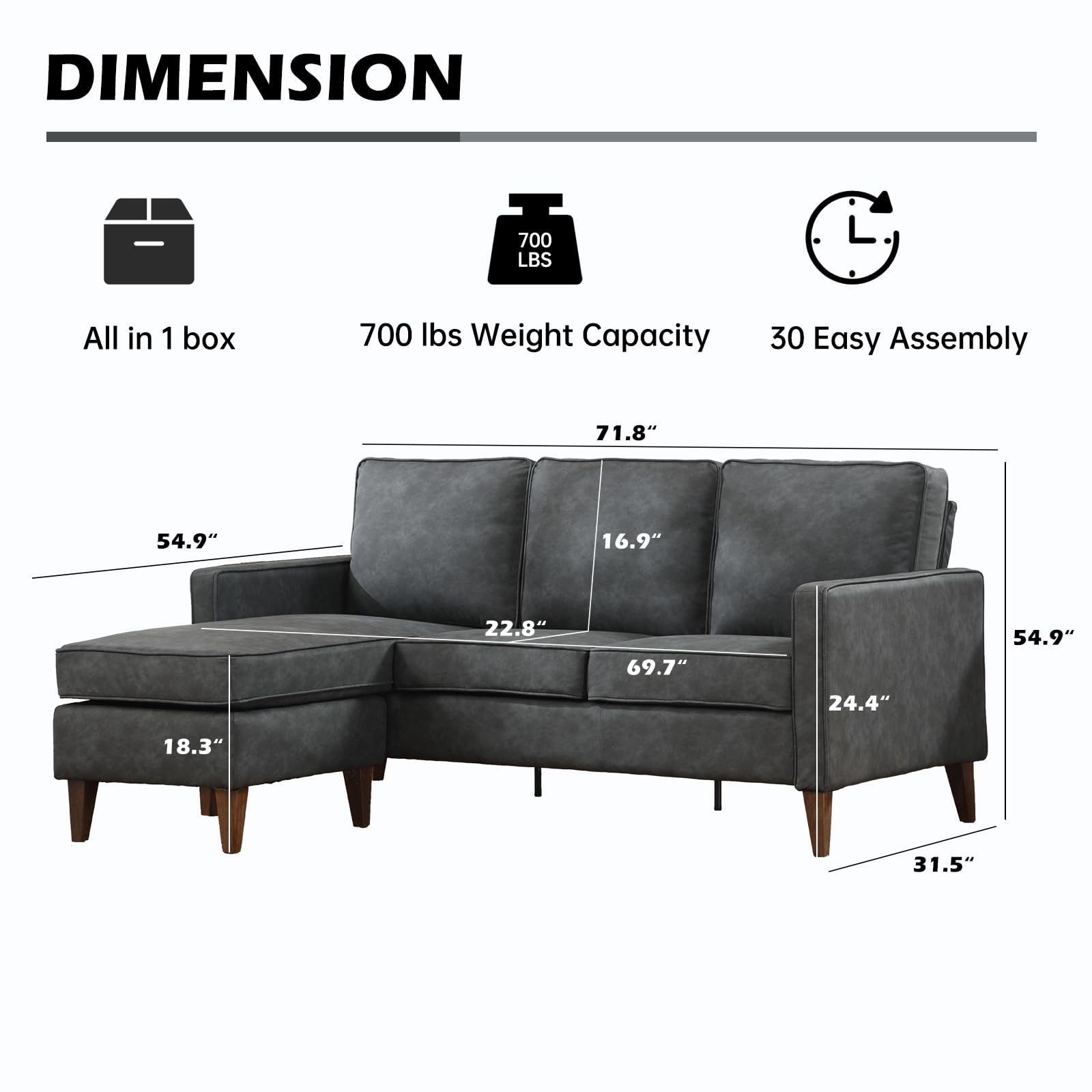 HAOMARKETS Sectional Couches for Living Room, L Shaped Couch with Solid Wood Feet, Faux Leather 3 Seats Sofa with Reversible Chaise for Apartment Small Spaces, Brown
