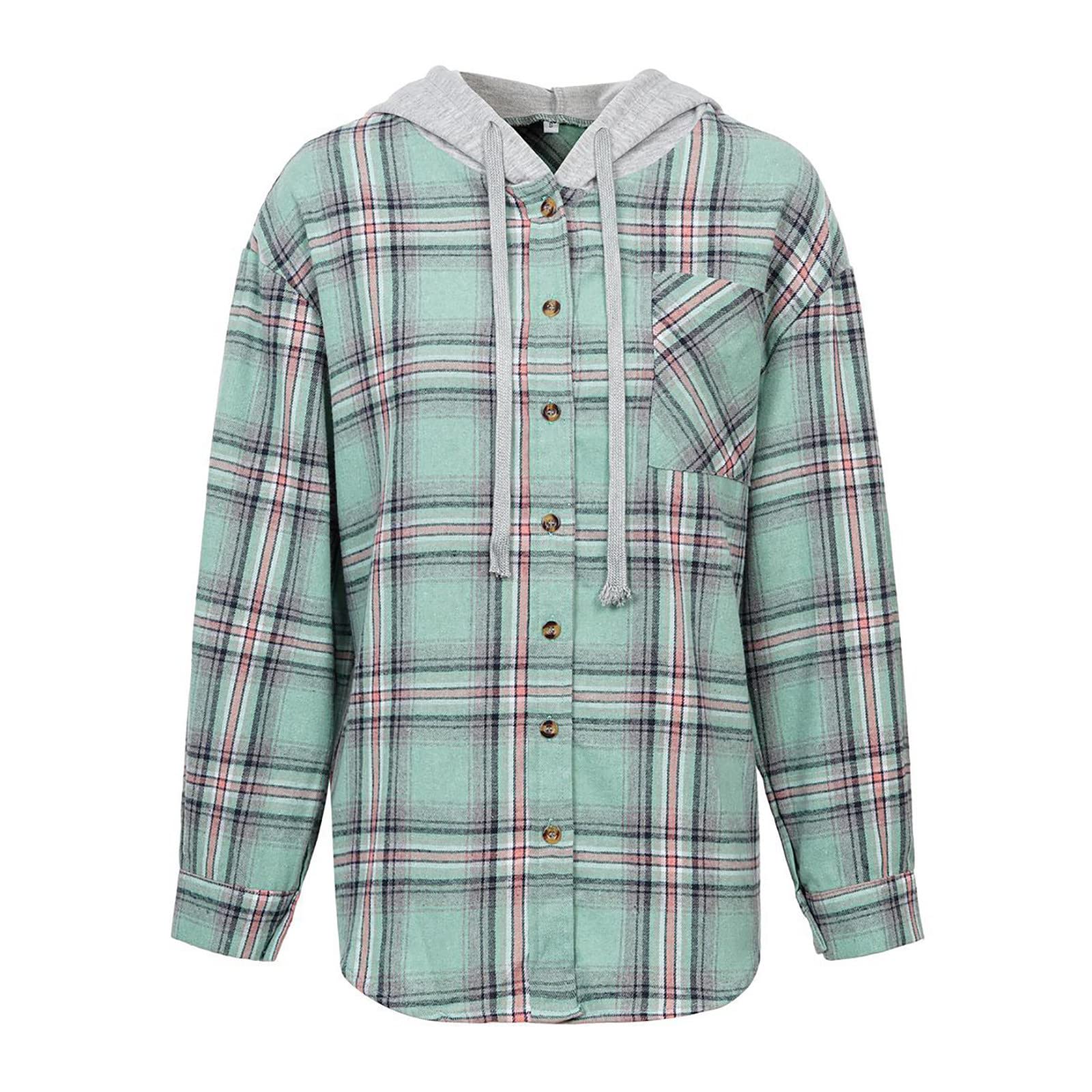 Flannel Shirts for Women with Hood Button Up Plaid Shirts Long Sleeve Drawstring Pullover Causal Loose Blouses
