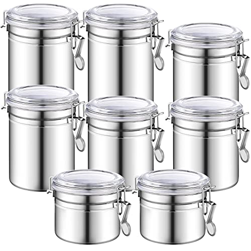 Rtteri 8 Pieces Stainless Steel Airtight Canister Set with Clear Lid and Locking Clamp Food Storage Container Set Stainless Steel Kitchen Canister for Coffee Sugar Flour Tea Candy Cookie Spice