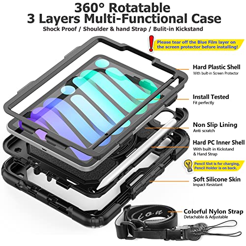 SEYMAC stock iPad Mini 6 Case 8.3’’ 2021 with Screen Protector Pencil Holder [360 Rotating Hand Strap] &Stand, Drop-Proof Case for iPad Mini 6th Generation 8.3'', Black