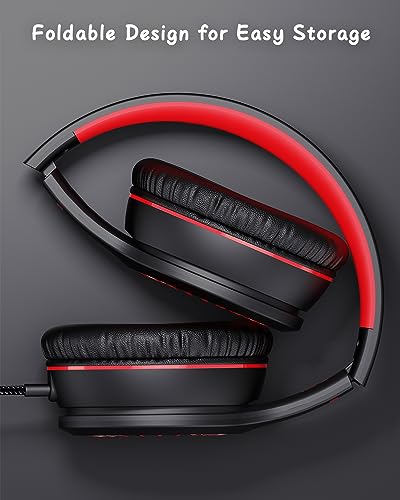 NIVAVA Wired Headphones with Microphone, K16 On-Ear Headphones for Kids with 3.5MM Jack, Foldable Stereo Bass Headphones for Teens School Amazon Kindle, Fire, Chromebook, Tablet(Black Red)