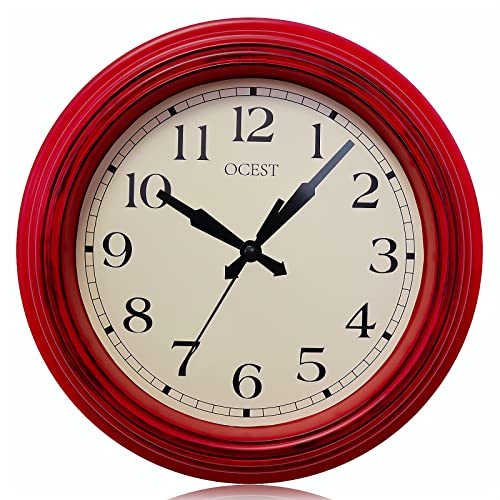 OCEST 9-Inch Retro Red Small Kitchen Wall Clock, Silent Non Ticking Battery Operated Home Decorative Round Quartz Wall Clock, Easy to Read Clock for Livingroom, Bedroom, Bathroom, Office, Reading Room