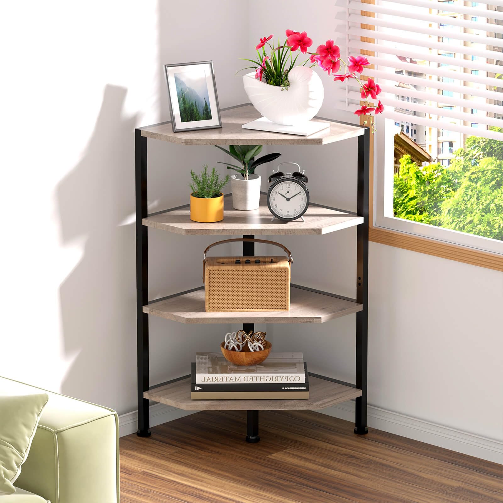 JOOLESER Corner Shelf - 4-Tier Corner Bookshelf with Metal Frame - Small Corner Shelves - Wood Corner Display Shelf for Living Room, Bedroom (Grey)