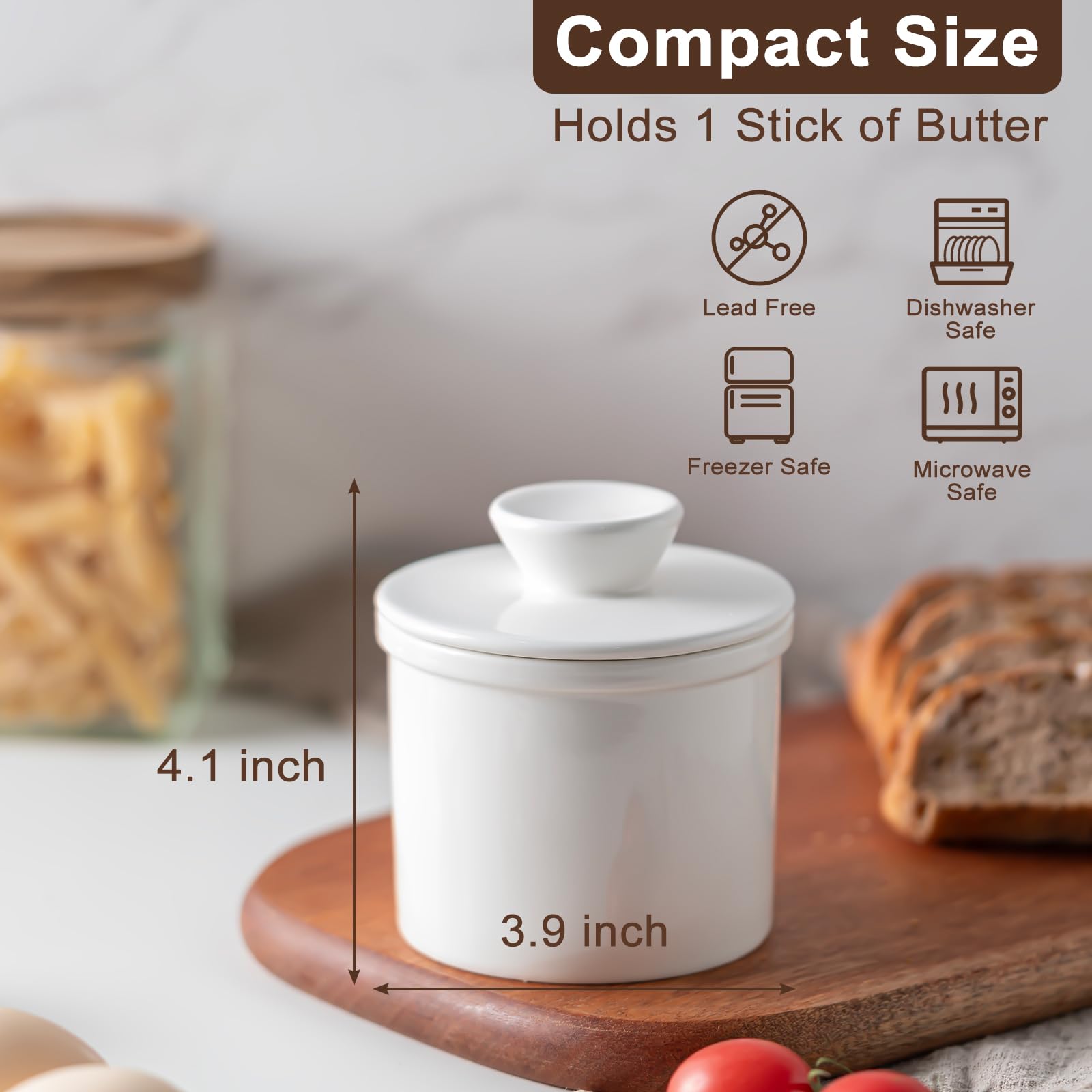 Husfunov Butter Crock with Water Line for Countertop, French Butter Dish with Lid, Ceramic Butter Keeper for Fresh Spreadable Butter, Butter Container Holder for Kitchen and Home Decor, White