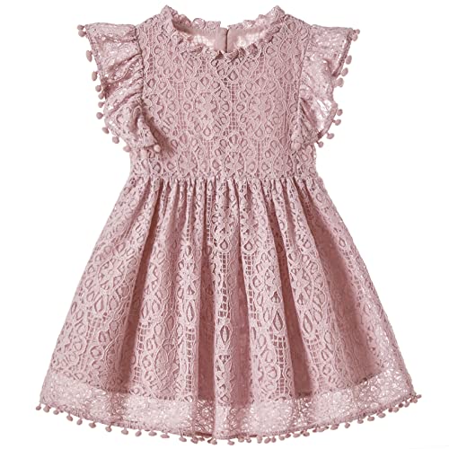 Niyage Toddler Girls Elegant Lace Pom Pom Flutter Sleeve Party Princess Dress Dusty Pink 90