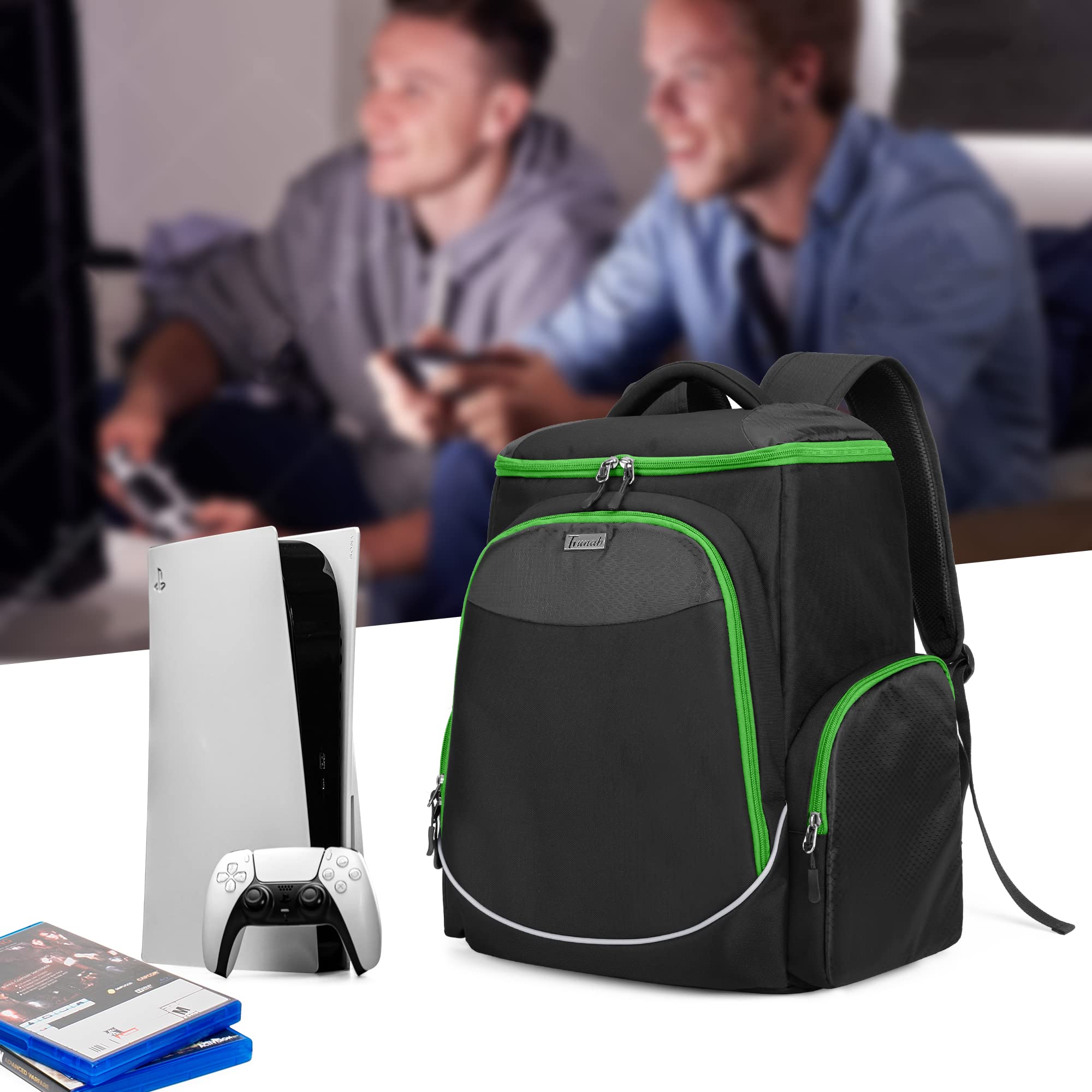 Trunab Gaming Console Backpack Compatible with Playstation 5 / PS5 Slim / PS4 / Xbox One, Travel Carrying Bag with Multiple Pockets for 15.6โ Laptop and Gaming Accessories