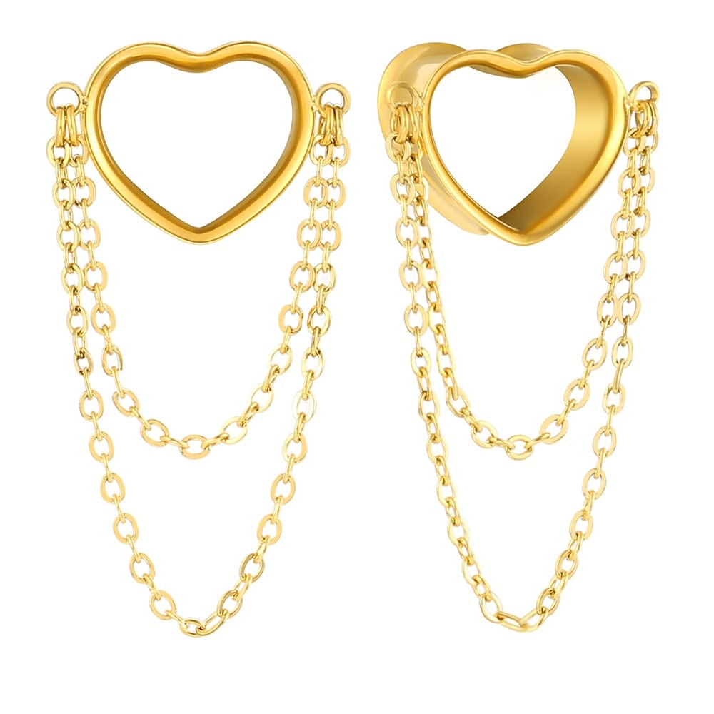 Earblity 2PCS Women Dangle Earrings 10mm/00g Gold Heart Double Chain Earrings Ear Tunnels hangers for stretched,Hypoallergenic Body Piercing Jewelry