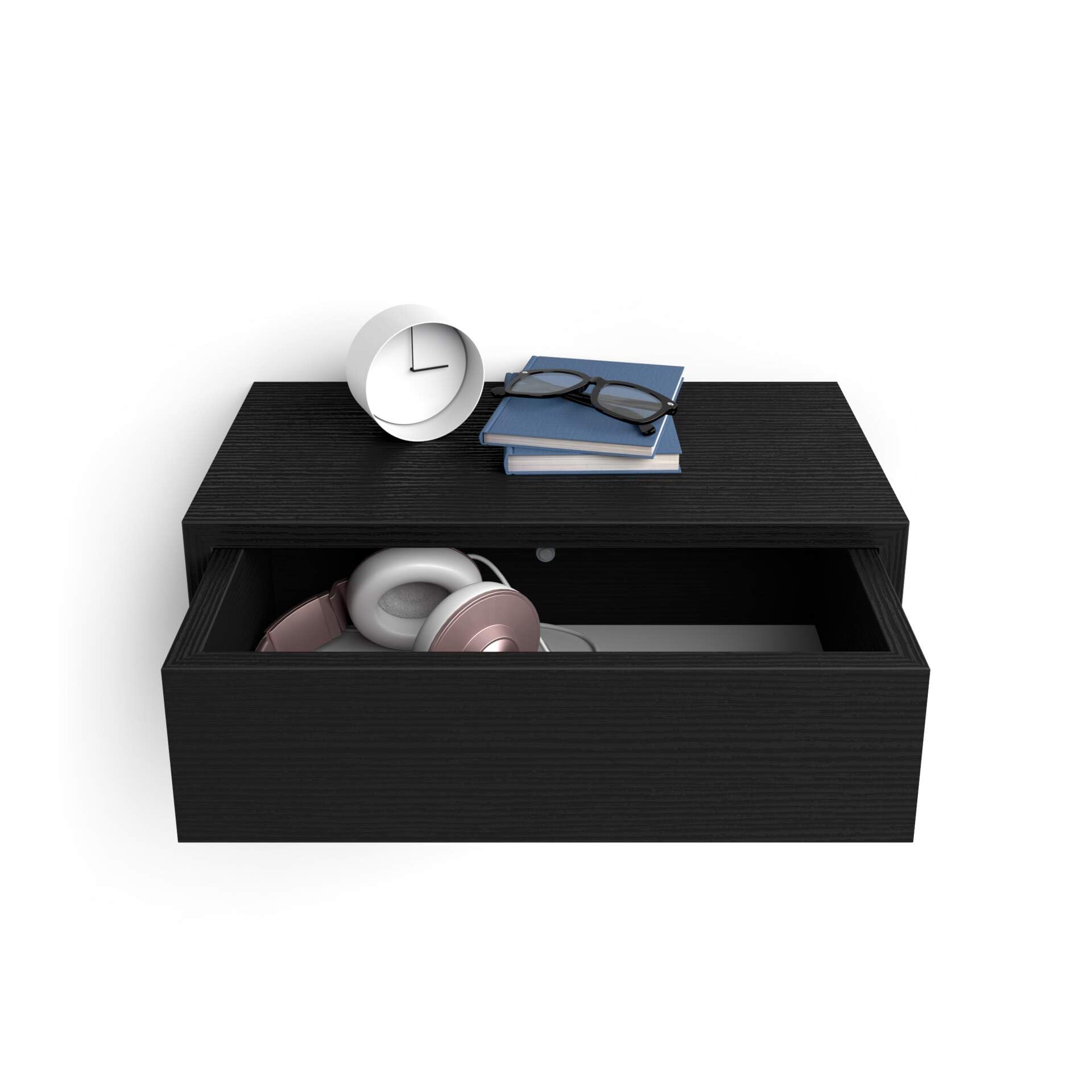 Mobili Fiver, Riccardo Floating nightstand, Ashwood Black, 17.7" x 9.8" x 6.1 ", Laminate-Finished, Modern Bedside Table, End Table, Italian Furniture