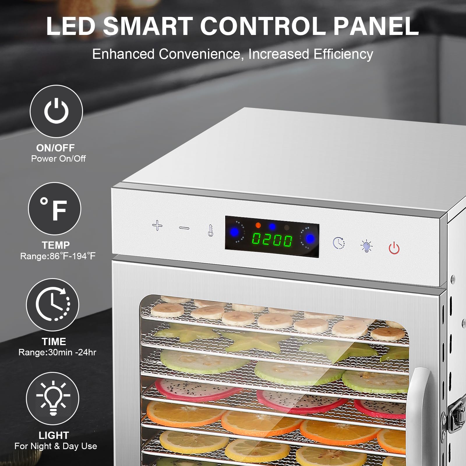 HOPERAN Food Dehydrator, 8 Stainless Steel Trays Dehydrators for Food and Jerky, Herbs, Fruit, Dehydrator Machine with Digital Timer and Temperature Control, Overheat Protection, Recipe Book Included
