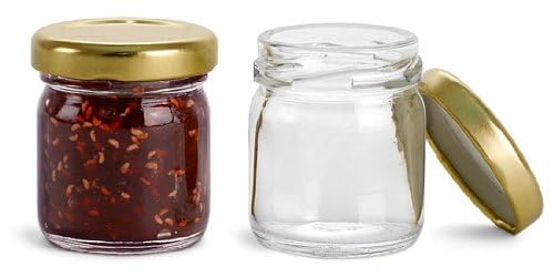 Nakpunar 6 pcs, 1.5 oz Mini Glass Jars with Gold Lids - MADE IN USA - for Jam, Honey, Wedding Favors, Shower Favors