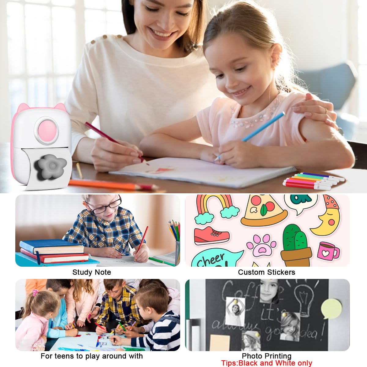 Mini Pocket Printer, Portable Thermal Printer with Printing Paper Compatible for Android iOS APP, Bluetooth Wireless Inkless Sticker Printer Gift for Kids,Handheld Printer for Home Office Study,Pink