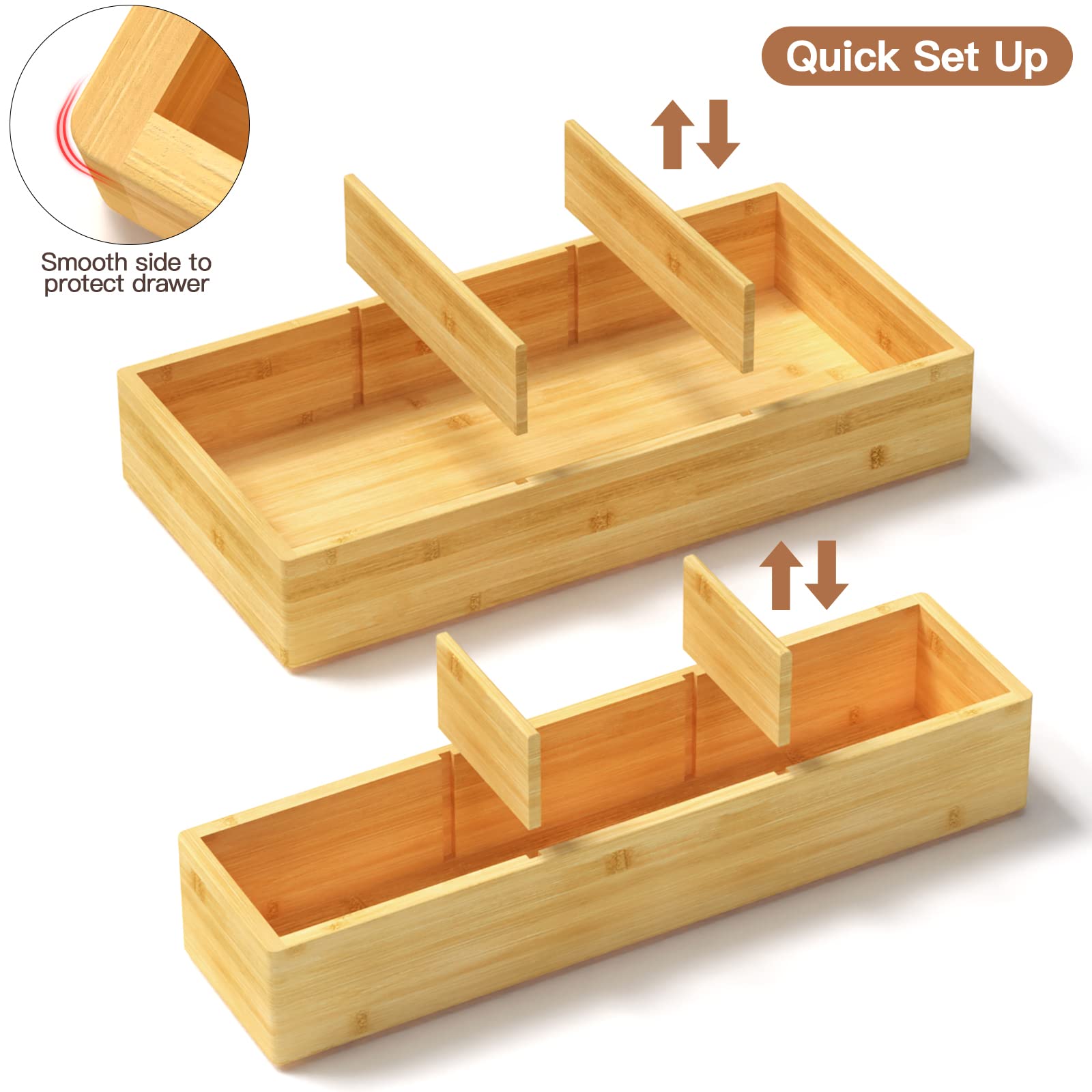 DUJEN 5 PCS Bamboo Drawer Organizer for Silverware Organizer 18'' X 12'' X 2', Adjustable 3 Individual Storage Box for Stackable Utensil Organizer, Flatware Kitchen Storage and Organizer