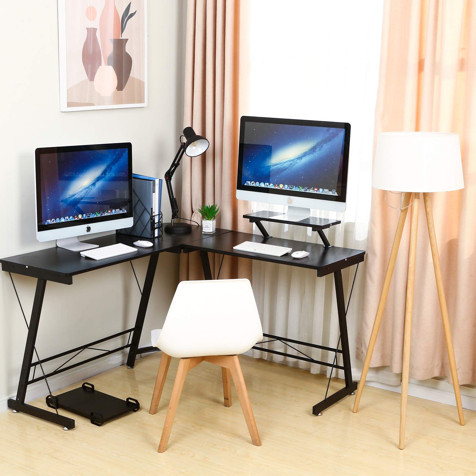 DOUBLERUI L Shaped Desk Home Office Corner Desk,Gaming Computer Desk,PC Latop Study Writing Table Workstation with Large Monitor Stand,Blak,50.8"