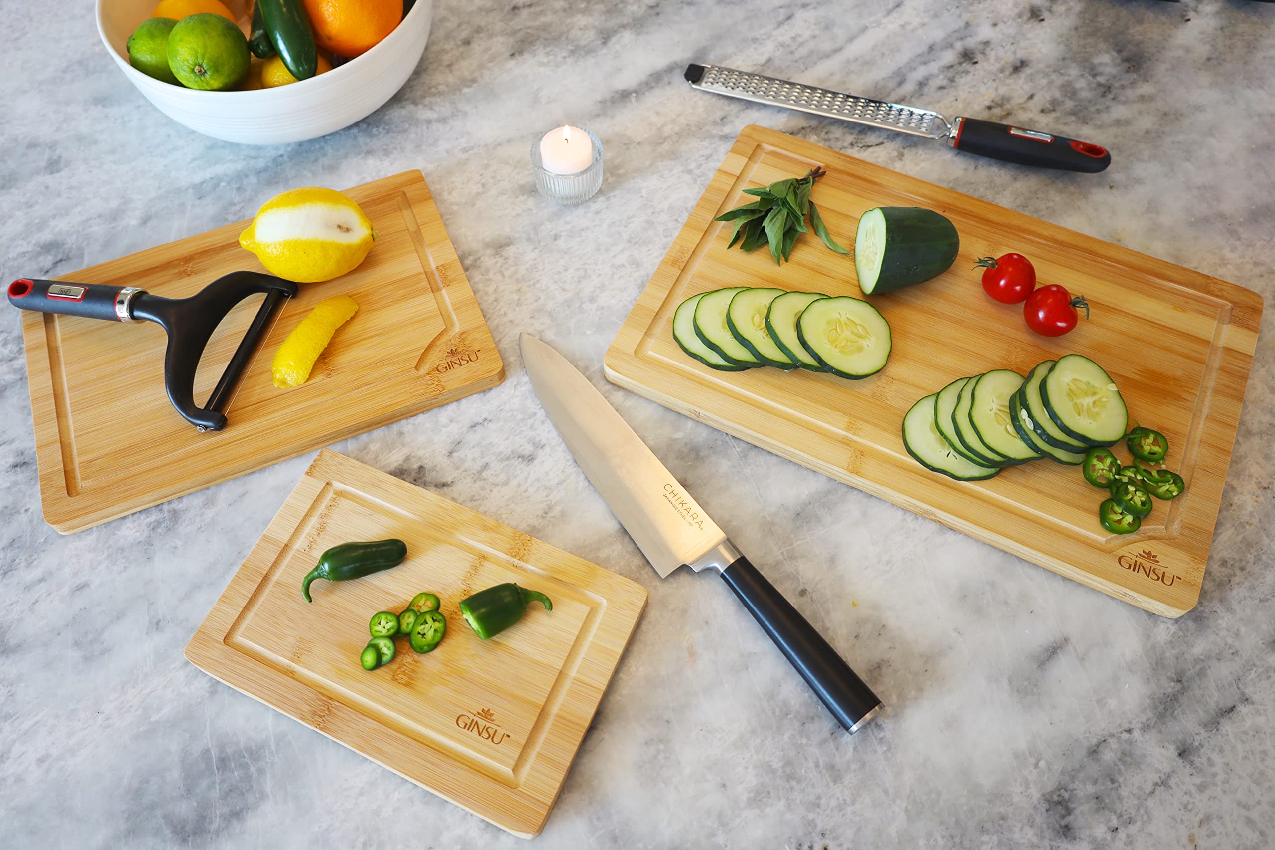 Ginsu Cutting Board Set – 3Pcs Bamboo Cutting Board for Chopping, Slicing, Dicing – Heavy Duty Butcher Block Countertop Household Supplies – Protects Cooking Surface, Knife Blade