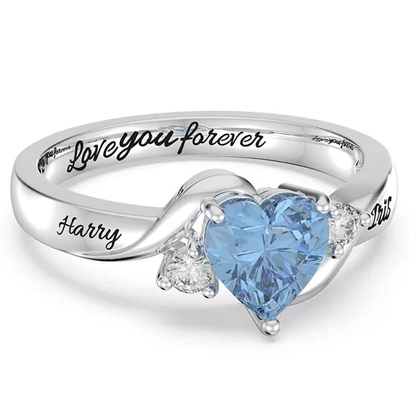 Custom Sterling Silver Promise Ring for Women Heart Shaped Stone Engagement Ring for Her Personalized Engraved Bridal Ring with Heart Simulated Birthstone Wedding Statement Engagement Ring