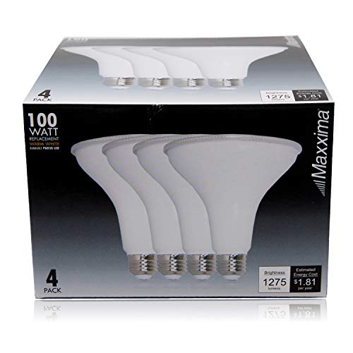 Maxxima PAR38 LED Indoor/Outdoor Light Bulbs - 3000K Warm White Light, 1275 Lumens, 15 Watts, 100 Watt Equivalent Dimmable Flood Light, 90 CRI, Energy Star, Wet-Rated for Outdoor Security Use - 4 Pack