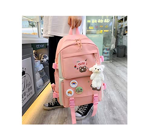 MOJIDUO 5Pcs Set Kawaii Backpack with cute plush Pendants & Badge,19 gallon capacity School Bag Cute Aesthetic Backpack