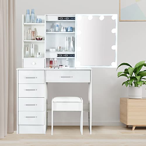 Saihemei Modern Vanity Desk with Lights, 6 Drawers Dresser with Cushioned Stool and 3 Lighting Colors, Makeup Table with Lots Storage for Bedroom