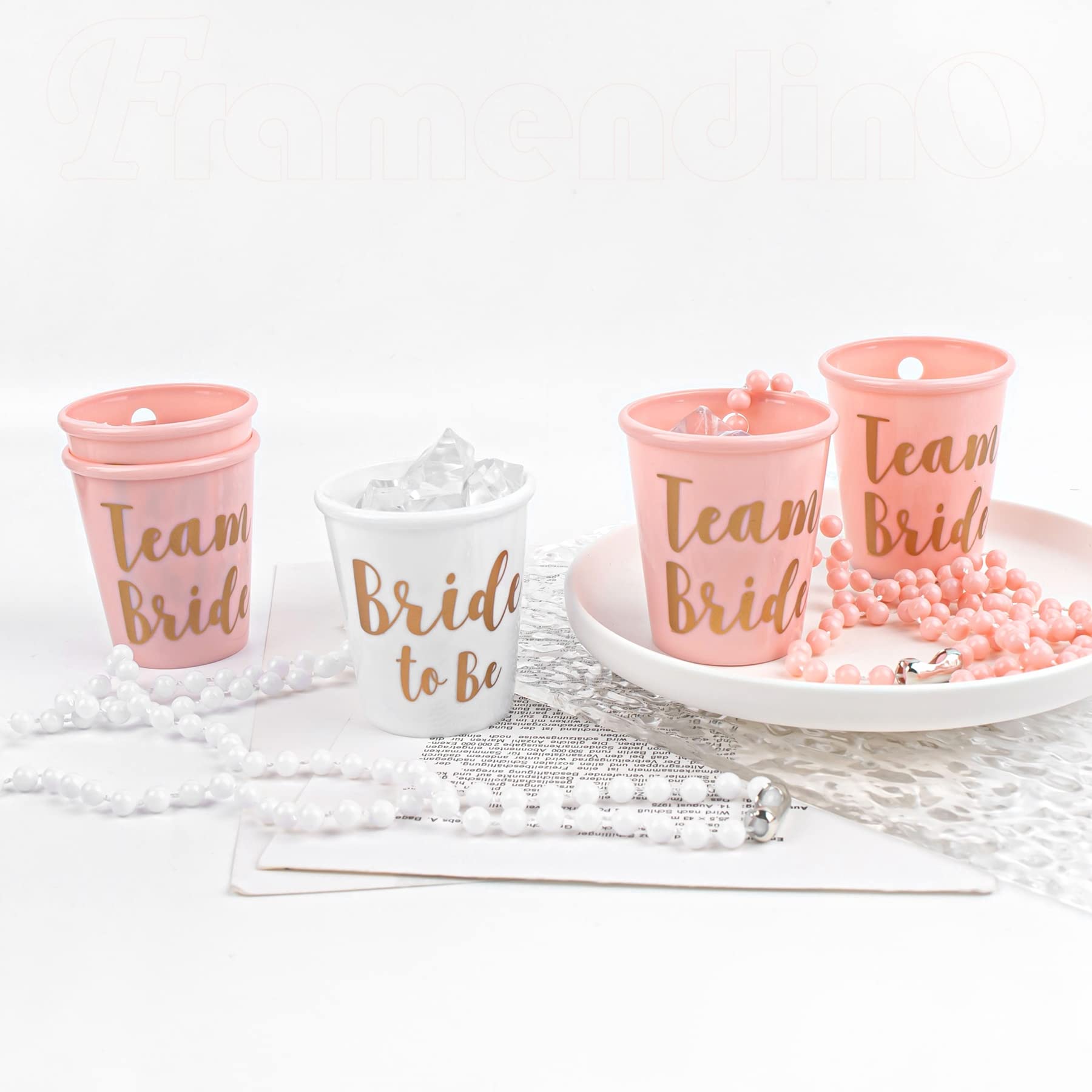 Framendino, 8 Pack Team Bride and Bride to Be Plastic Beaded Shot Glass Necklace Shot Glasses Bridal Necklace with Gold Foil for Bachelorette Party Decorations