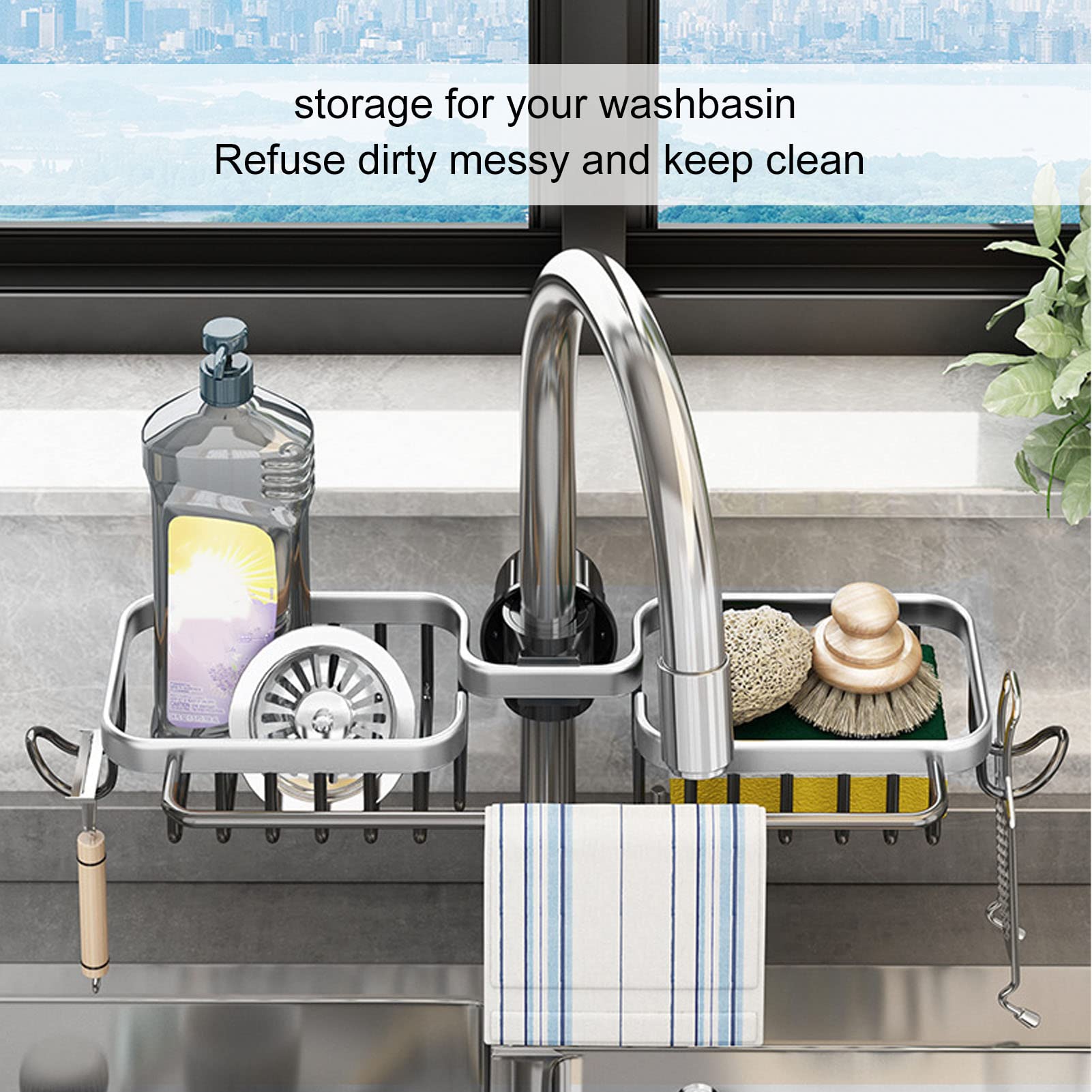 Jeanoko Faucet Storage Shelf Aluminum Plastic Two Containers with Towel Rod Kitchen Sink Faucet Shelf for Sponge Rag Kitchen Bathroom(Silver)