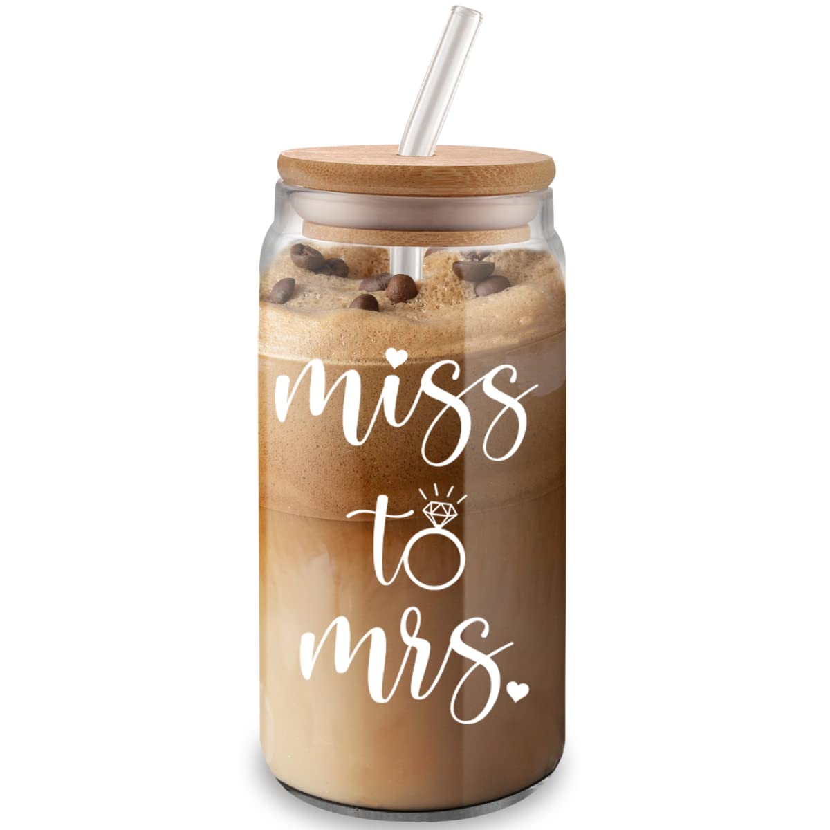 FlyweightZ Bride Gifts for Her - 16oz Miss To Mrs Glass Cup for Wedding Gifts - Bridal Shower Gifts for Bride - Bride To Be Gifts for Bachelorette Party Favors - Cute Cups for Engagement Gifts