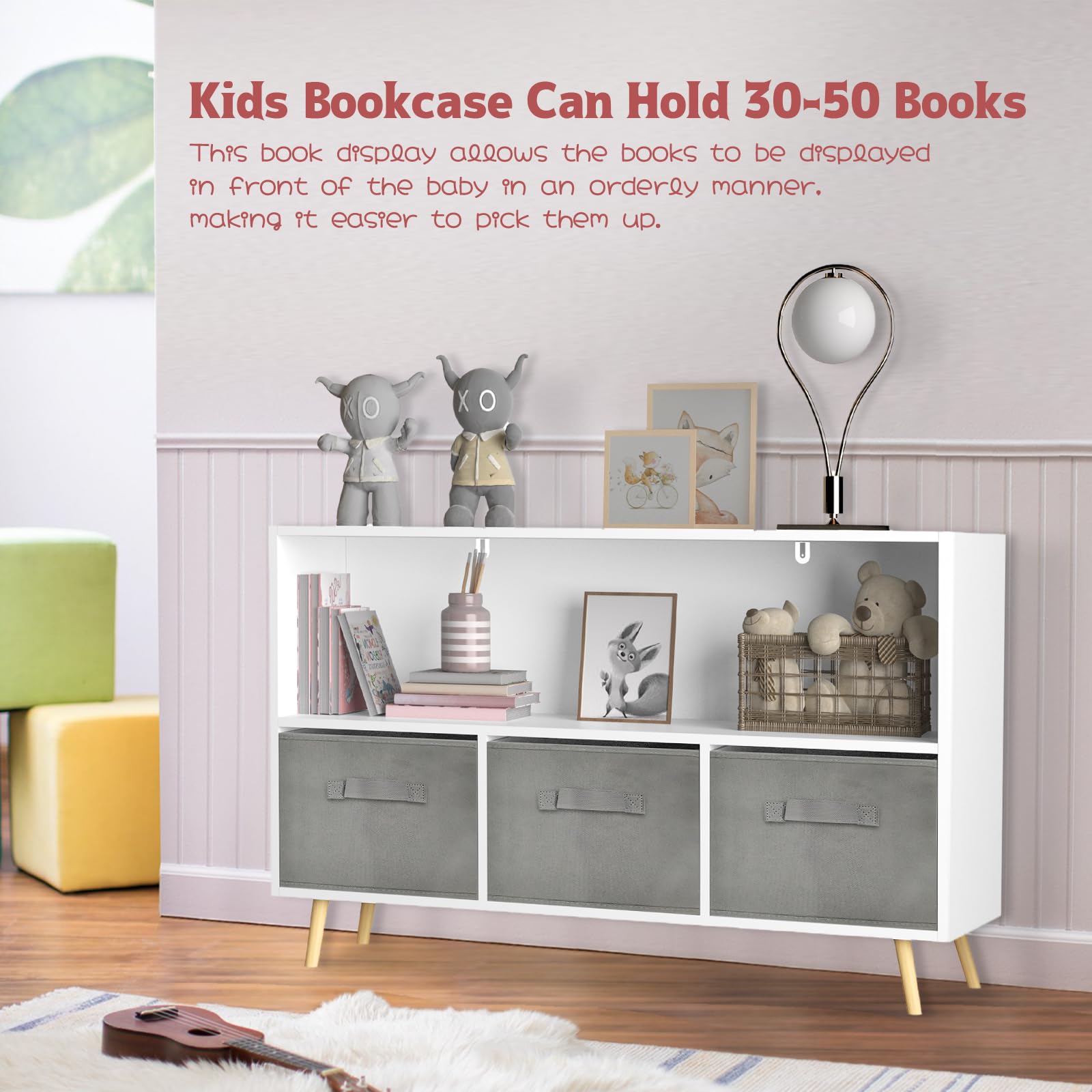 Kids Bookcase and Bookshelf Multi Shelf Cubby with 3 Collapsible Fabric Drawers Kid's Book and Toy Display Rack Toy Storage Cabinet Organizer for Playroom Nursery Children's Room School, White+Grey
