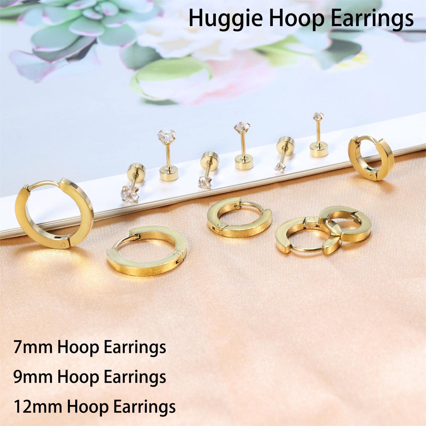 Earring Sets for Multiple Piercing, 6 Pairs 14K Gold Plated Small Huggie Hoop Earrings Tiny Flat Back Cubic Zirconia Earrings Studs Cartilage Helix Earring for Women Men (14K Gold)