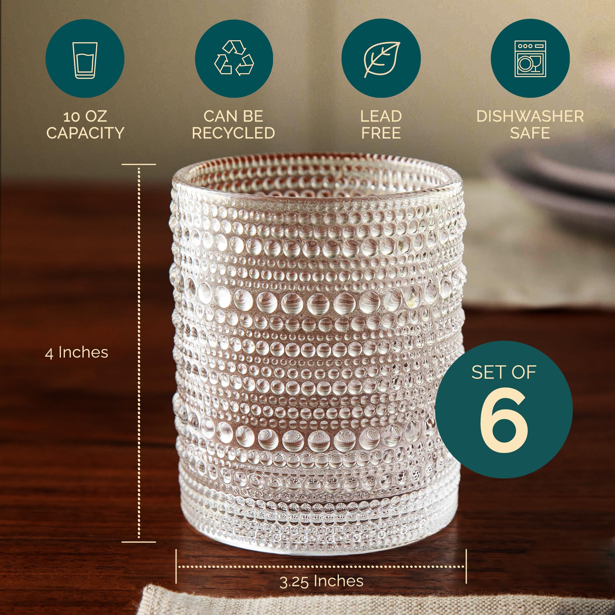 NASONI GLASSWARE - Set of 6, 10 oz Clear Hobnail Drinking Glasses in Luxury Box, Embossed Beaded Drinking Glasses, Versatile Lowball Hobnail Glasses for All Occasions, Vintage Glassware Design