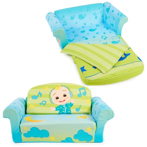 Marshmallow Furniture, Cocomelon 3-in-1 Slumber Sofa Baby Lounger, Convertible Kids Couch, Sofa Bed & Foam Toddler Nap Mat with Attached Blanket