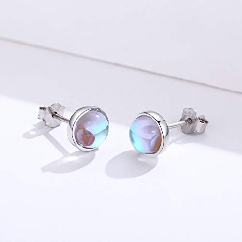 Earrings for Sensitive Ears Synthetic Moonstone Earrings Round Earrings Sterling Silver Stud Earrings for Women (A-Silver, 6)