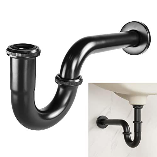JEAPHA Stainless Steel P-Trap - 1 1/4 Inch Bathroom Basin Sink Waste Trap with Reducing Washer, Matte Black