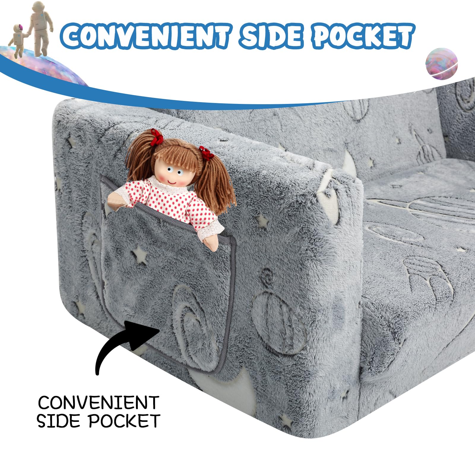 Kids Couch Extra Wider Seating Toddler Couch, 2-in-1 Toddler Soft Couch Fold Out Convertible Sofa to Lounger for Girls and Boys