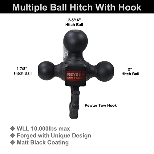 REYSUN Trailer Hitch 864011L Tri Ball Mount with Hook, Tactical Tow Hook, Fits 2 inch Hitch Receiver, Secure with Self-Lock Latch, Matt Black, 5/8 Inch Hitch Lock IncludedâŚ