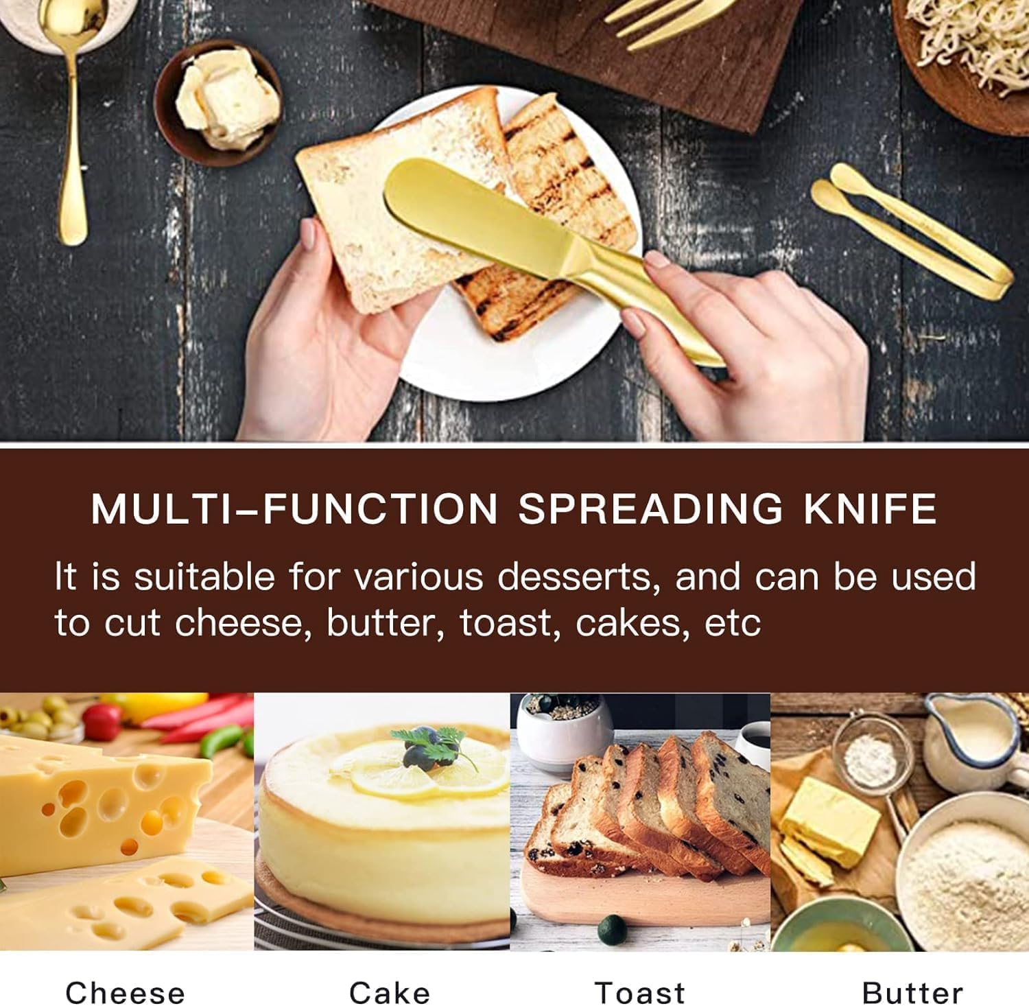 HSHQING 2Pcs Golden Butter Knife, Cheese and Butter Spreader Knive Set One-piece Stainless Steel for Home Breakfast Use, Deluxe Sandwich Cream Cheese Condiment Knives Flatware