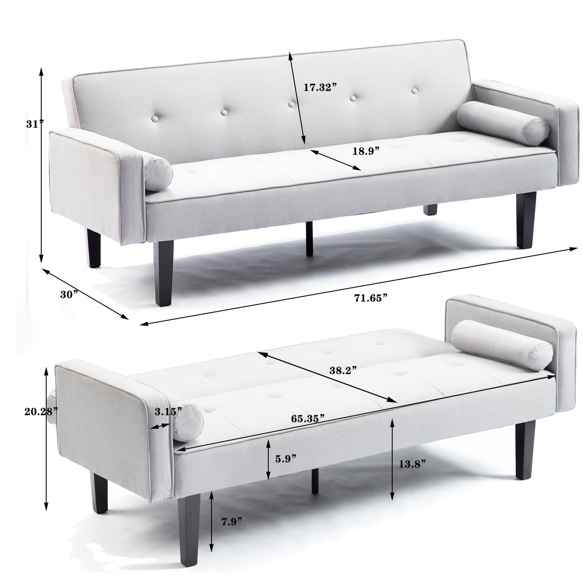 Modern Folding Velvet Futon Sofa Bed,Convertible Sleeper Couch with 2 Cup Holders,Loveseat Sofa Convertible Daybed with Removable Armrests for Compact Living Space (Velvet+Grey)
