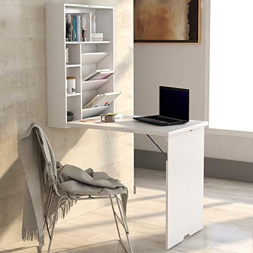Danxee Fold Out Convertible Wall Mounted Table Home Office Fold Out Desk with Storage Fold-Out Convertible Desk (White)