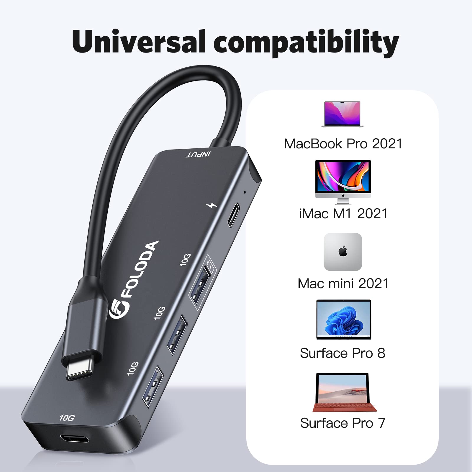 USB C Hub 3.1 Gen2 10Gbps Adapter, FOLODA 3.2 Gen2/USB 3.1 Gen2 USB C Hub with 3*Type-A, 1*Type C 10Gbps Ports (7.5W Charge) and 1*USB-C 100W Power Delivery, Super Speed Data Transfer Docking Station