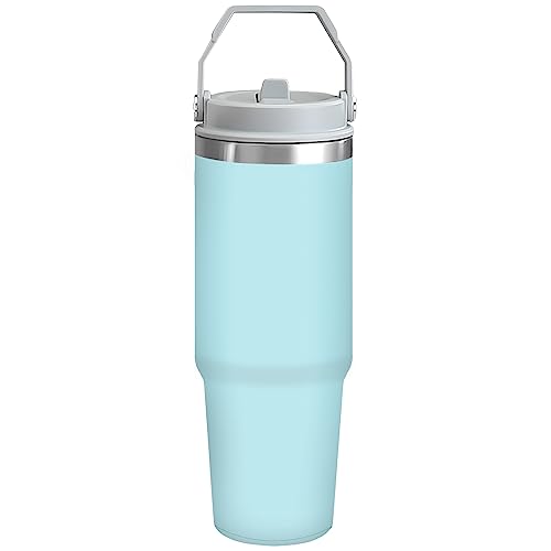 Tumbler with Handle and Straw 30 oz Stainless Steel Double Wall Vacuum Insulated Tumbler with Handle Leak Proof, Large Tumbler with Built- in Straw and Lid (Blue)
