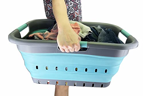 SAMMART 41L (10.8 Gallon) Collapsible Plastic Laundry Basket - Foldable Pop Up Storage Container/Organizer - Portable Washing Tub - Space Saving Hamper/Basket (Grey/Crystal Blue)