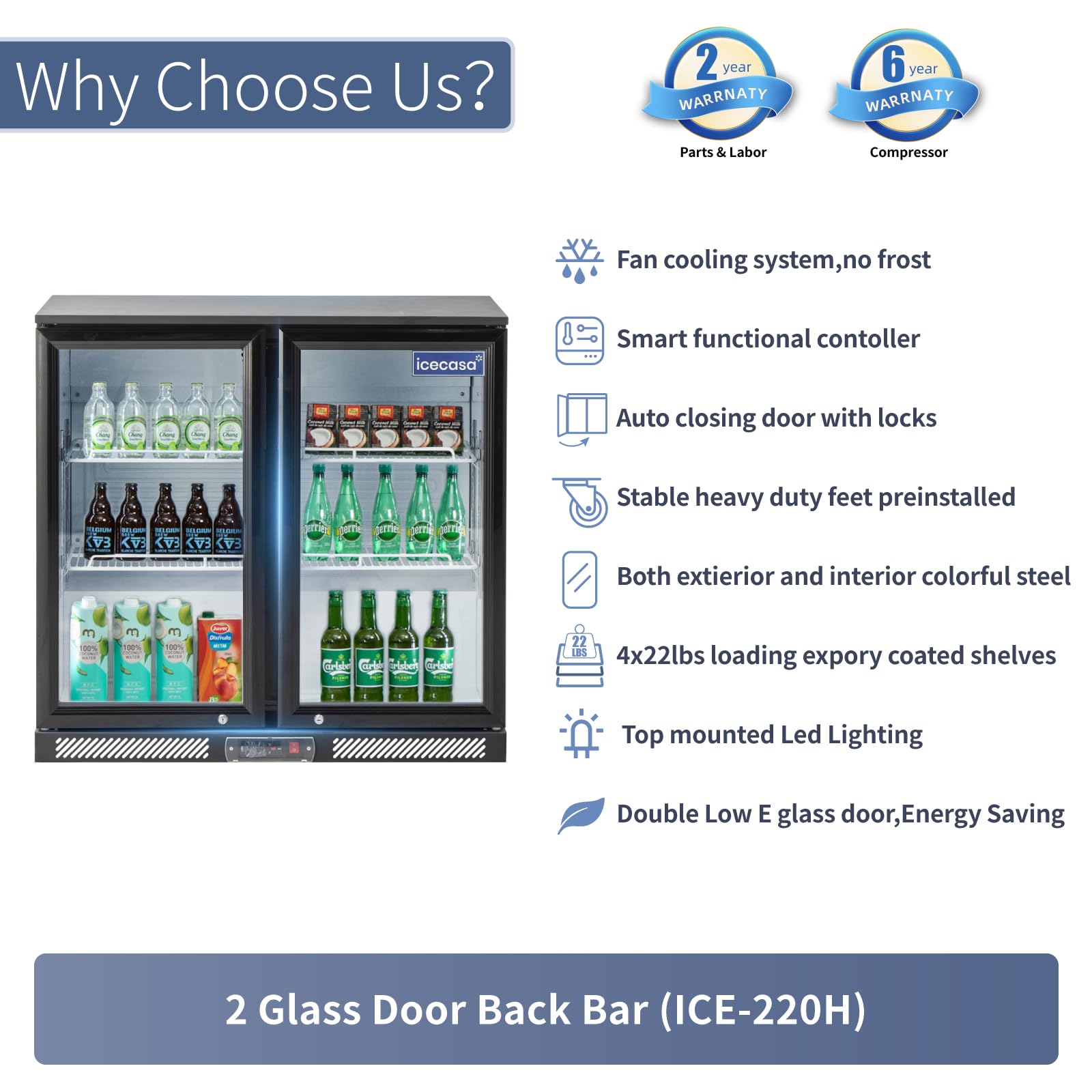 ICECASA Beverage Refrigerators 2 Glass Door Back Bar Refrigerator Commericial Counter Height Refrigerator LED Lighting Merchandiser 7.8 Cu.ft for Soda Beer