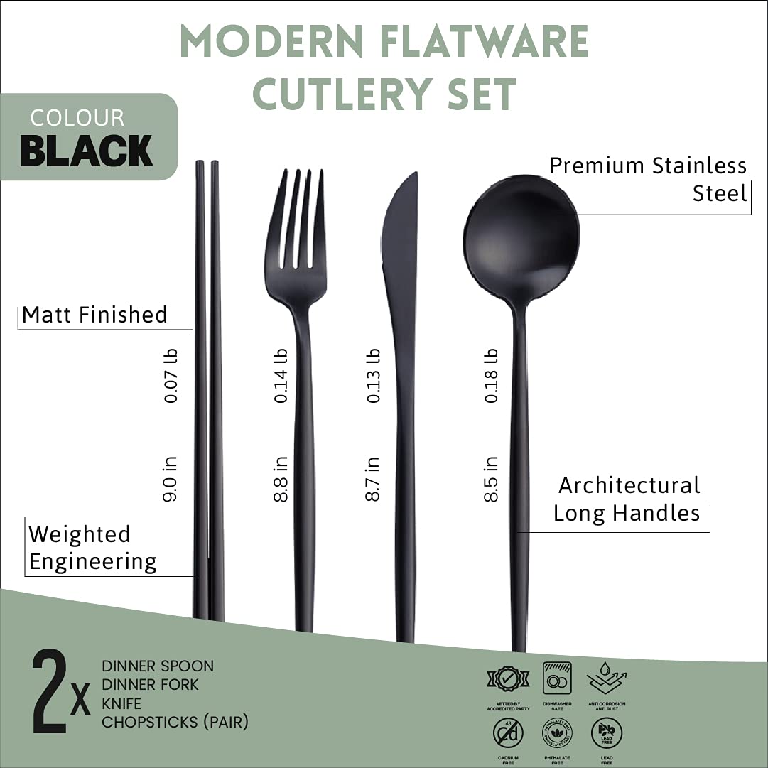 KiiZYs Matte Black Silverware Set - 8-piece Modern Flatware Stainless Steel Chopsticks β Kitchen Utensils Gifts for Couples - Cutlery Spoon Fork Knife Dishwasher Safe New Home (Black, Service for 2)