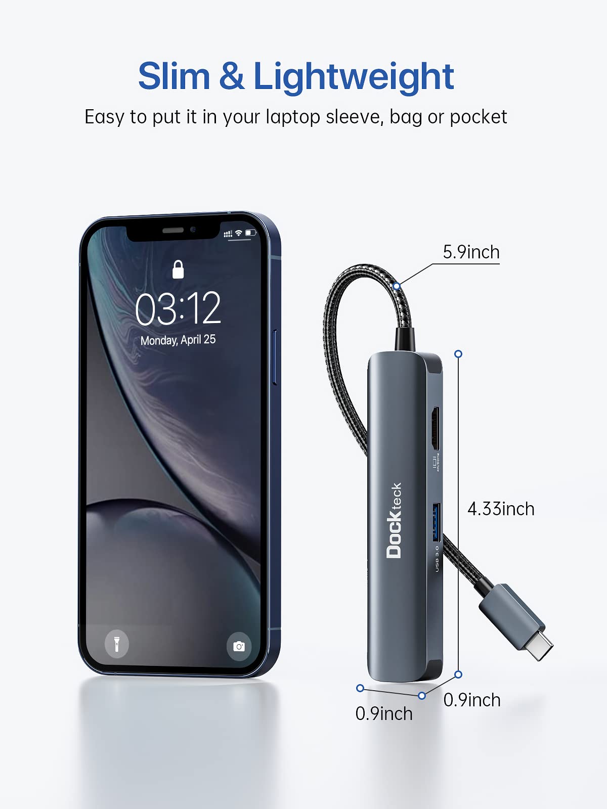 USB C Hub 4K 60Hz, USB C Adapter, Dockteck 5-in-1 USB-C Hub Multiport Adapter, SD/Micro SD Card Reader, 2 USB 3.0, for MacBook Air/Pro, iPad Air/Pro, XPS